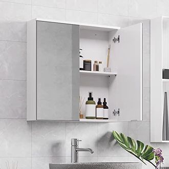 Yaheetech Armoire Murale Salle de Bain, Placard de Rangement Toilettes, avec 2 Portes Miroirs, Étagère Hauteur Réglable 63 x 15 x 65 cm Armoir à Pharmacie