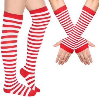 Blulu Chaussettes Hautes Rayées Gants Longs Rayés Bas à Rayures Mitaines Rayées sans Doigts pour Femme Fille (Rouge et Blanc)