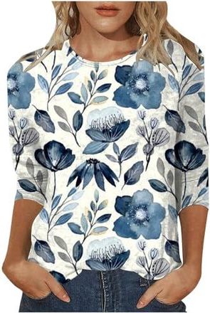 Generic T-shirt d&eacute;contract&eacute; pour femme avec imprim&eacute; floral, col rond, manches 3/4, coupe ample, bleu, 3XL