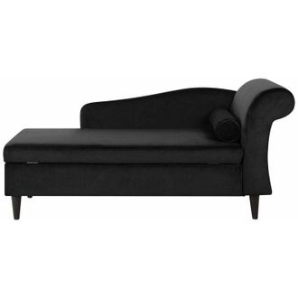 Beliani Chaiselongue Rechtsseitig Schwarz Samt mit Armlehne Stauraum und Nackenrolle Dunkle Holzf&uuml;&szlig;e Hohe Lehne Retro-Design Wohnzimmer Liegesofa