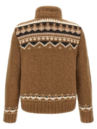 Moncler Geometric Jacquard Virgin Wool Cardigan - Brown