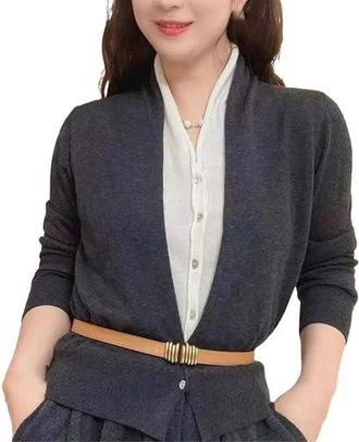 Generic Pull de printemps en tricot &agrave; col en V 100 % laine pour femme - Chaud et doux - Deux fausses pi&egrave;ces avec ceinture, gris fonc&eacute;, Taille XS