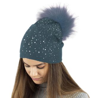 TOSKATOK Ladies Fine Knit Winter Beanie Hat with Diamante Glitter Applique and Large Faux Fur Pompom-1