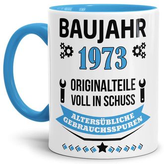 Tassendruck Geburtstags-Tasse Baujahr 1973 Innen & Henkel Hellblau/Kaffee-Tasse/Mug/Cup/Becher/Lustig/Witzig/Fun/Geschenk-Idee/Geburts-Jahr/Scherz-Artikel/Geburts