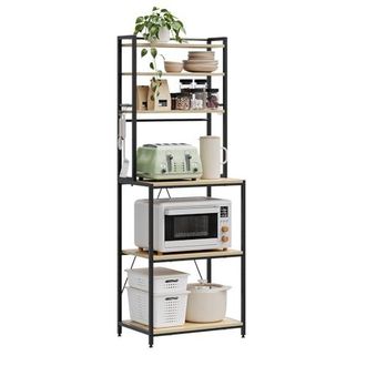 Woltu &Eacute;tag&egrave;re Cuisine avec 6 &Eacute;tag&egrave;res de Rangement, Support Micro-Ondes avec 6 Crochets, Cadre en M&eacute;tal, Bois dIng&eacute;nierie, 60x40x167cm, Ch&ecirc;ne Clair+Noir