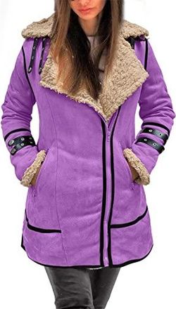 Generic 2026 Vestes pour femmes et hommes, grande taille, manteau dhiver &agrave; revers &agrave; manches longues, veste rembourr&eacute;e en peau de mouton &eacute;paisse, violet, M