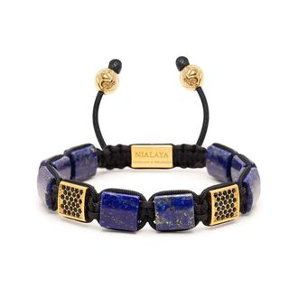 Nialaya Femme, Accessoires, Jaune, Taille: L Womens Blue Lapis Flatbead Bracelet with Black CZ Diamonds and Gold Plating