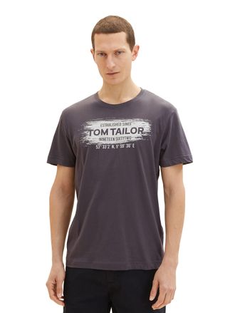 Tom Tailor Herren T-Shirt mit Logo-Print aus Baumwolle, Tarmac Grey, XXL