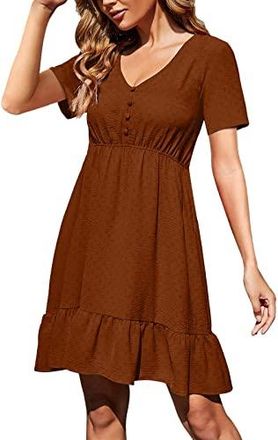 Generic Robes amincissantes d&eacute;t&eacute; pour femmes, mode d&eacute;contract&eacute;e, col en V, boutons solides, corset en mousseline de soie, robe &agrave; manches courtes, marron, M