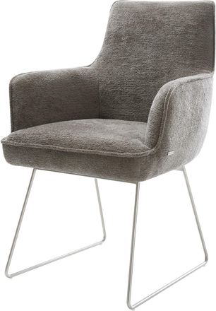 DELIFE Polsterstuhl Heira-Flex mit Armlehnen Kufengestell Edelstahl Boucl&eacute; Soft Schlamm Taschenfederkern