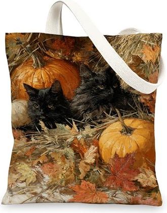 Generic Sacs fourre-tout en toile dautomne, sacs à provisions réutilisables, motif chat citrouille, rustique, vintage, léger, lavable avec bandoulière, noir, 