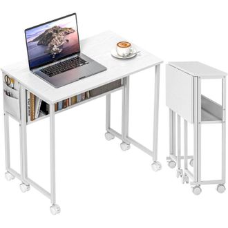 HOMCOM Bureau - HOMCOM - pliable - sur roulettes - 80 x 50 cm - &eacute;tag&egrave;re et sac de rangement - blanc