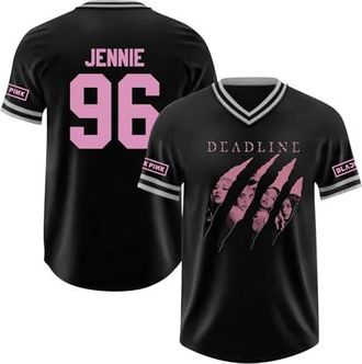 Generic Maillot de Baseball imprimé Noir et Rose Kpop Lisa Jennie Jisoo Rose, t-Shirt de Baseball Hip-hop à col en V pour Les Fans de Musique 01-7 S