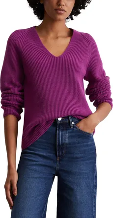 Marc O'Polo Damen Strickpullover mit V-Ausschnitt Slim Fit, Lila (Fresh Berry), XXL