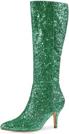 Allegra K Bottes hautes pour femmes à bout pointu scintillant scintillant et talon aiguille Vert 40