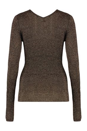 Miu Miu Womens Round-Neck Lam&eacute; Sweater Tobacco Viscose Tops Top