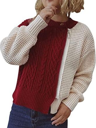 Generic Vestes dautomne et dhiver 2026 pour femmes, col rond, fermeture &eacute;clair, &eacute;pissure de couleur, veste pull veste, bordeaux, M