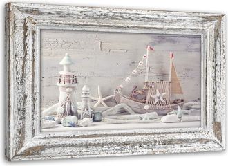 Feeby Bild auf Vlies Leinwand Shabby Chic Illusion Rahmen 90x60 cm Kunstdruck Modern Wandbilder Deko Flur Wohnzimmer Mariners-Souvenirs Beige