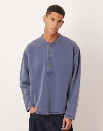 Abercrombie & Fitch Sweatshirt in verwaschenem Indigoblau mit Henley-Kragen