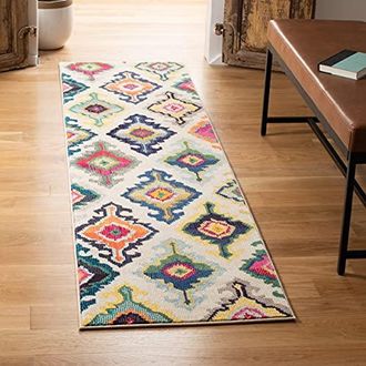 Safavieh Boho Teppich für Wohnzimmer, Esszimmer, Schlafzimmer - Monaco Collection, Kurzer Flor, Elfenbein und Multi, 66 X 244 cm