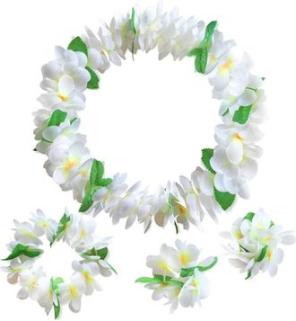 Aboofan 4stücke Hawaiianische Blumenkranz Teiliges Künstlicher Haarschmuck Halskette Und Armbänder Für Strandpartys Und Sommerfeste Weiß Und Grün
