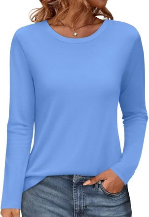 Onsoyours Damen Rundhals Tshirt Langarm Pullover Herbst Winter Oberteile Einfarbig Basic Longshirt Tops A Hellblau XXL