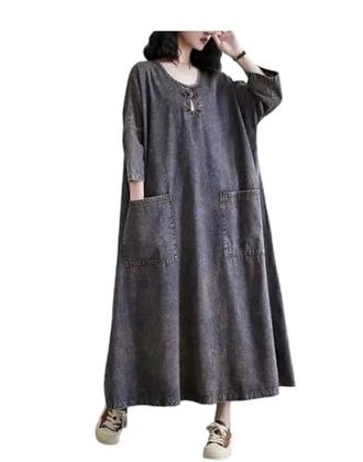 Generic Robe vintage à manches courtes et col rond et poches amples pour femme, bleu, L