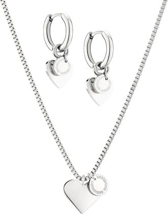 Liebeskind BERLIN Schmuck-Set - Creolen mit Herz- und Pl&auml;ttchen-Anh&auml;nger und passende Halskette - Silber - Venezianerkette verstellbar bis 45 cm - wasserfest & h
