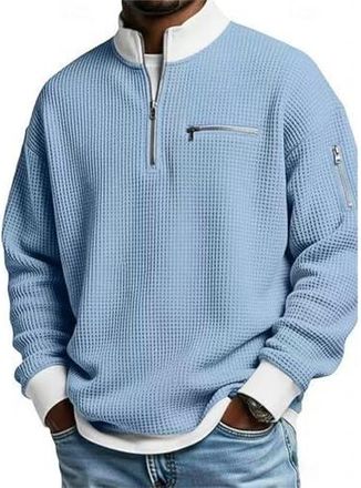 Generic Sweat d&eacute;contract&eacute; &agrave; fermeture &eacute;clair contrast&eacute;e pour homme, col montant, demi-fermeture &eacute;clair, pull gaufr&eacute; ample, bleu, 4XL