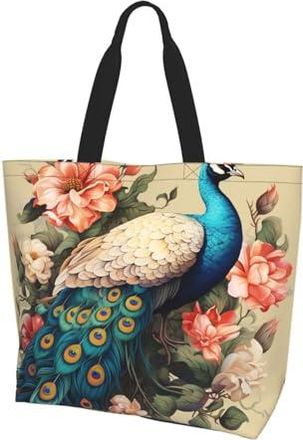 Generic Paon Et Fleurs Sac Fourre-Tout L&eacute;ger Tote Bag Grand Sac Cabas Pour Travail Voyage Plage