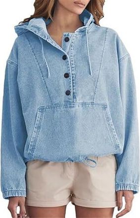 Generic Pull &agrave; capuche en jean pour femme - D&eacute;contract&eacute; - Surdimensionn&eacute;, bleu clair, XXL