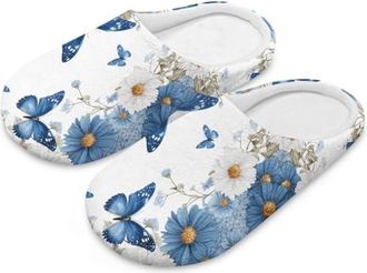 Coloranimal Pantoufles de spa &agrave; bout ferm&eacute; pour femme, chaussures dint&eacute;rieur en coton et lin, pantoufles dint&eacute;rieur en coton, Papillon marguerite bleue, 38.5/39.5