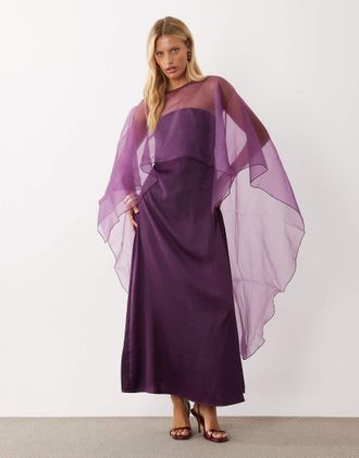 Vero Moda robe longue bandeau en satin avec cape transparente prune fonc&eacute;-VIOLET