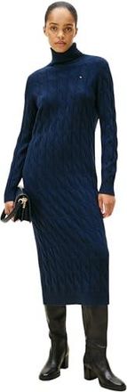 Tommy Hilfiger Robe-Pull Femme Soft Wool Cable avec Col Montant, Bleu (Dark Night Navy), M