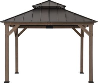 Sunjoy Direct Tonnelle en c&egrave;dre KAPS avec panneau solaire - 330cm x 330cm, marron