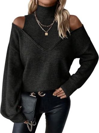 ORANDESIGNE Pull Femme Top Tricot Col Roul&eacute; Chandail Manche Longue Pull &agrave; &eacute;paule Froide Pull Patchwork en Maille Fine Chandail Pullover en Tricot Sweatshirt Sweat