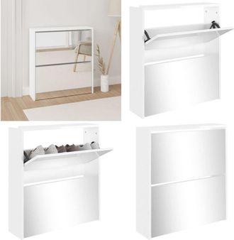 vidaXL Vidaxl - Schuhschrank mit Spiegel 2 F&auml;cher Hochglanz-Wei&szlig; 63x17x67 cm - Schuhschrank - Schuhregal - Garderobe - Einbauschrank - Aufbewahrung - Home &
