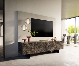 DELIFE Lowboard Cuor 180 cm Keramik Emperador Extra Lucidato Dunkelbraun 1 Klappe 2 Schubf&auml;cher Fu&szlig; Schwebeoptik Metall Schwarz, Lowboards