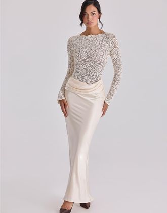 House of CB Beau - Jupe longue drap&eacute;e en satin - Ivoire vintage-Blanc