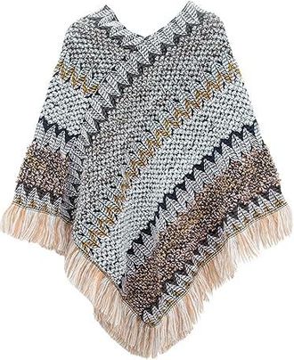 Generic Poncho en tricot pour femme - Style hippie - Doux - Frange au crochet - Cape asym&eacute;trique - Cardigan tricot&eacute; pour femme - Cape boh&egrave;me &agrave; franges - Ch&acirc;le