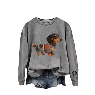 Generic Sweat-shirt pour femme Printemps et Automne Imprim&eacute; Art Chien Dr&ocirc;le Teckel Automne Sweat-shirt, gris, XXL