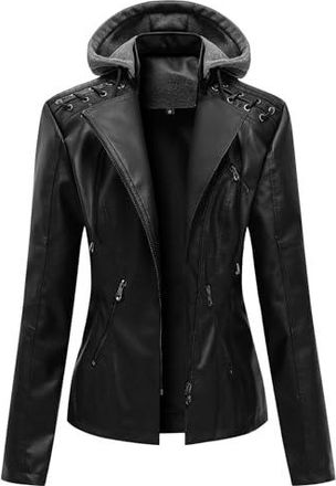 Generic Veste de moto en similicuir pour femme pour motard avec capuche amovible, Noir, XXL