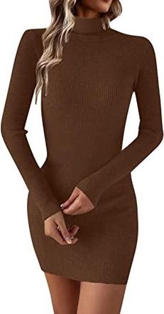 Generic Robe en tricot courte - Robe pull &agrave; manches longues - Mini robe sexy slim fit moulante col haut - Couleur unie - Coton - Robe pull dautomne - Mini rob