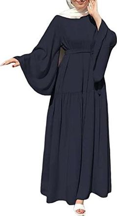 Generic Robe amincissante pour femme, couleur unie, col rond, manches longues, robe musulmane &eacute;l&eacute;gante et d&eacute;contract&eacute;e, bleu, S