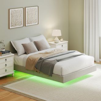 HOMCOM Schwebendes Bettgestell, 140 x 190 cm, mit LED-Beleuchtung, gepolstertes Doppelbett aus Leinen, Lattenrost aus Holz, Stauraum und Fernbedienung, ger&auml;u