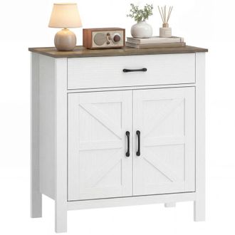 HOMCOM Buffet salon - HOMCOM - 2 portes de grange, tiroir et &eacute;tag&egrave;re r&eacute;glable - style rustique - bois - 77x39,3x81,5cm - blanc et marron