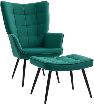HOMCOM Fauteuil Relax avec Repose-Pieds Assorti Style scandinave piètement métal Noir revêtement Aspect Velours - Vert