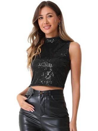 Allegra K D&eacute;bardeur en Sequin Femme Haut Court &agrave; Paillettes pour Party Top Crop Scintillant sans Manches Haut pour Soir&eacute;e Cocktail Clubwear Noir L