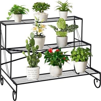 OUTSUNNY Blumenst&auml;nder Blumenregal aus Metall 3 Stufen Pflanzenregal Blumentreppe f&uuml;r innen und au&szlig;en Garten Balkon Schwarz 95 x 63 x 72 cm