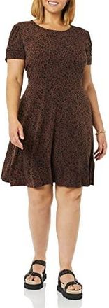 Amazon Essentials Robe trapèze froncée à Manches Courtes et col Rond (Disponible en Grande Taille) Femme, Brun Caramel Foncé Guépard, XXL